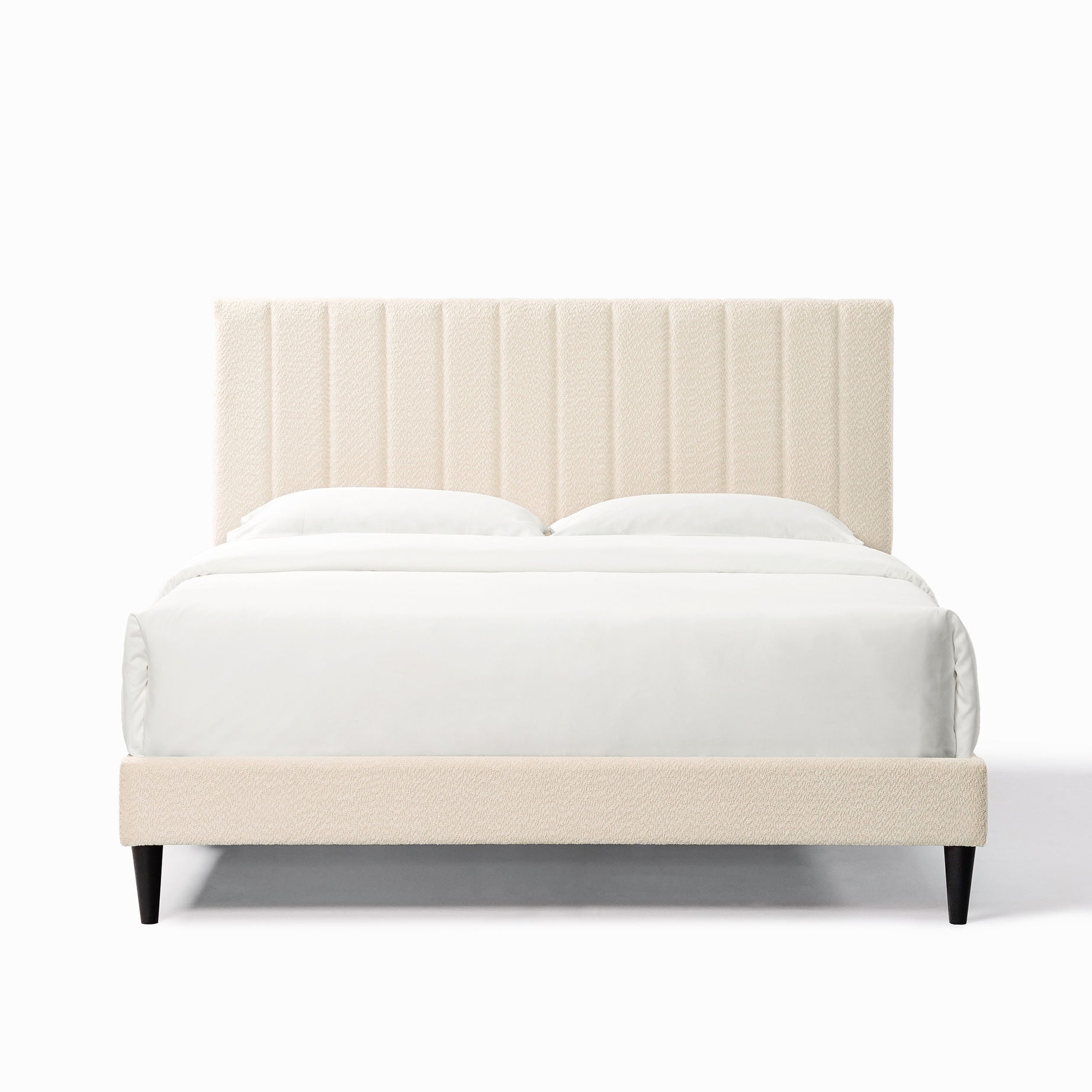 Bedroom Queen Bed In Pearl White Upholstery With Base And Noise Control Modern Slat Beds - Queen ...
