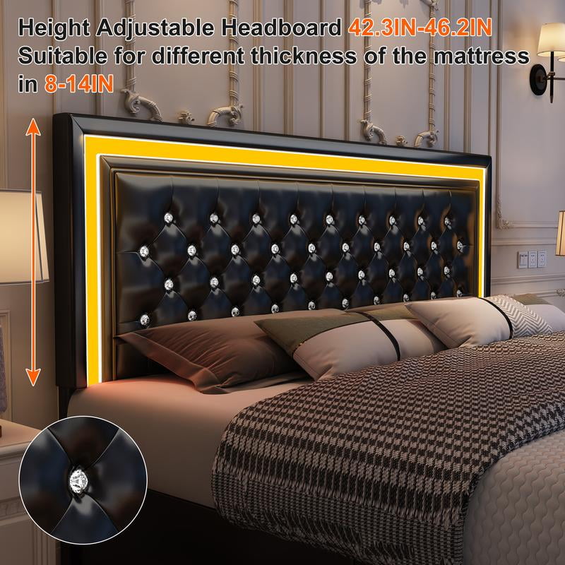 Bedroom Queen Size Black PU Upholstered Smart Bed Frame with 4 Storage ...