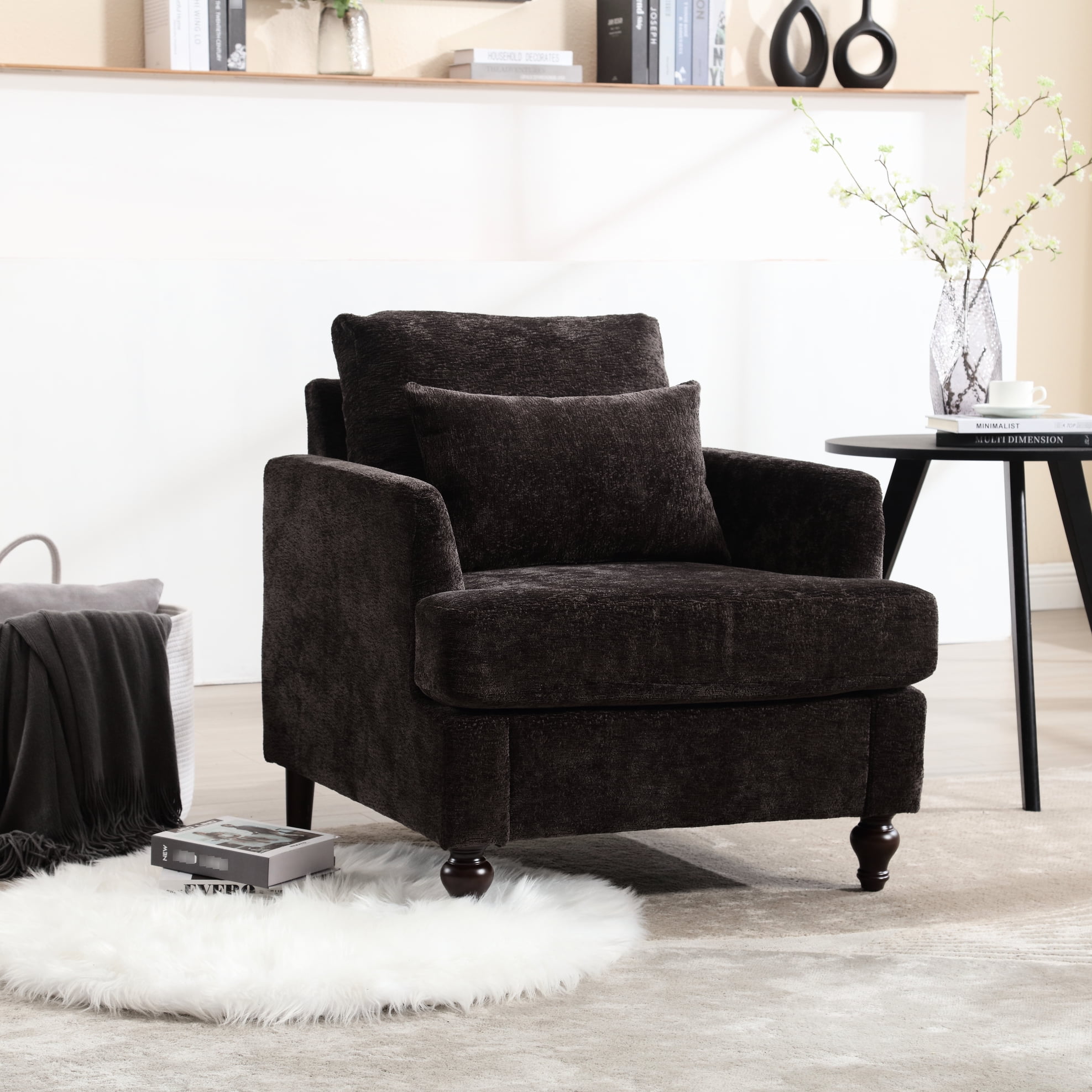 Bedroom Reading Chair: Chenille, Solid Wood (black Office Armchair: Mid ...