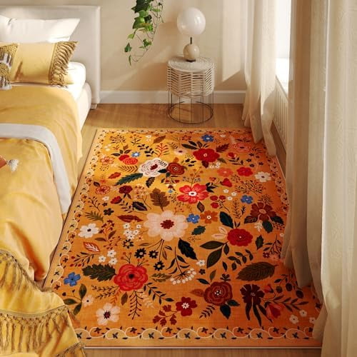 Bedroom Rug 3x5 Rug Washable Area Rug Non Slip Low Pile Boho Floral ...