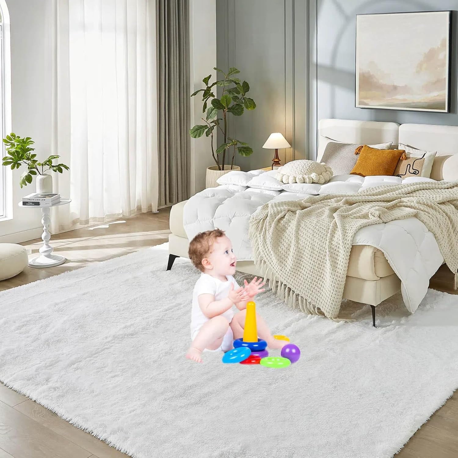 Bedroom Rug 8x10, Large White Shag Rugs, Soft Fluffy Shag Area Rug for ...