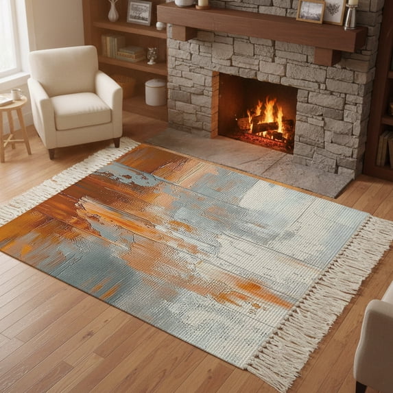 Bedroom Rug Carpet 3'x 5', Abstract Orange Grey Washable Floor Carpet ...