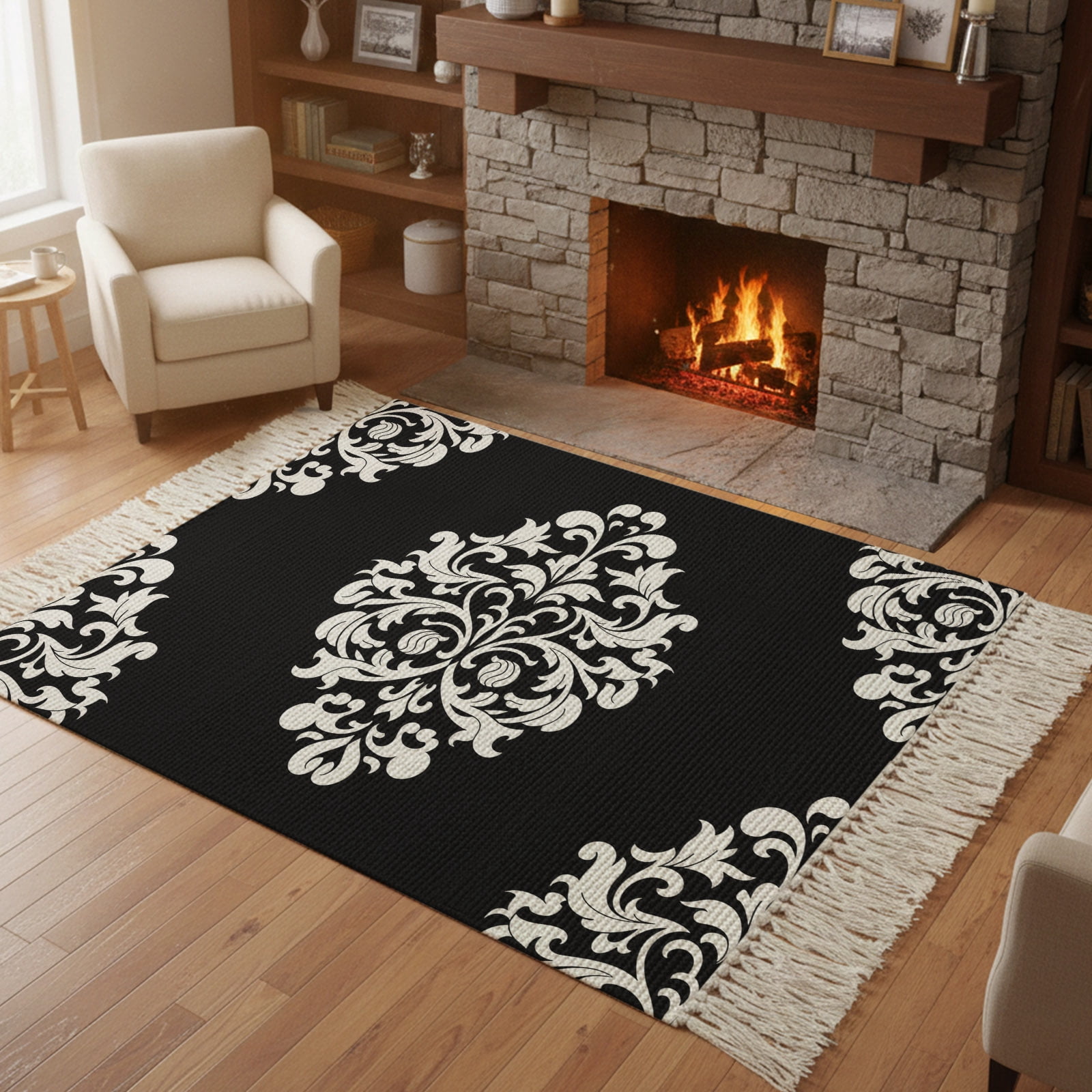 Bedroom Rug Carpet 3'x 5', Baroque Black Washable Floor Carpet with ...