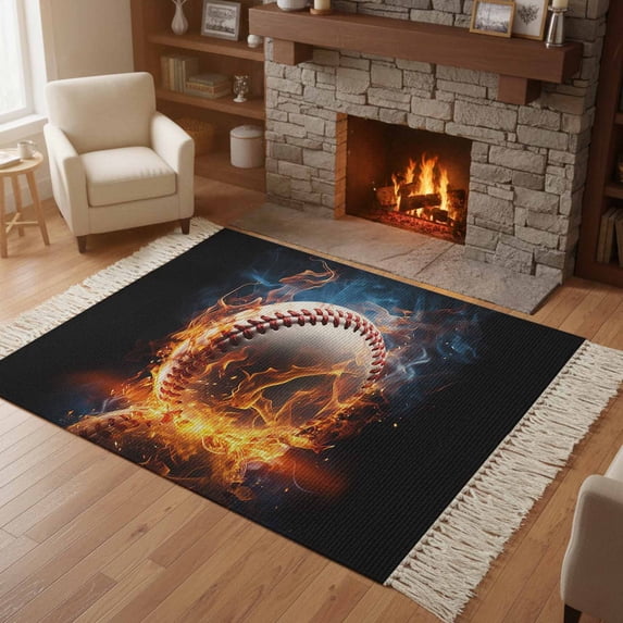Bedroom Rug Carpet 3'x 5', Baseball, Washable Floor Carpet with Tassels ...