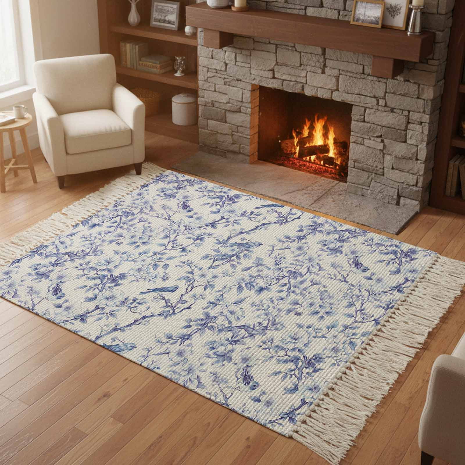 Bedroom Rug Carpet 3'x 5', Blue Botanical Washable Floor Carpet with ...