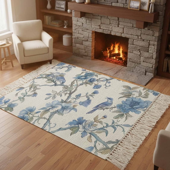 Bedroom Rug Carpet 3'x 5', Blue Floral Birds Washable Floor Carpet with ...