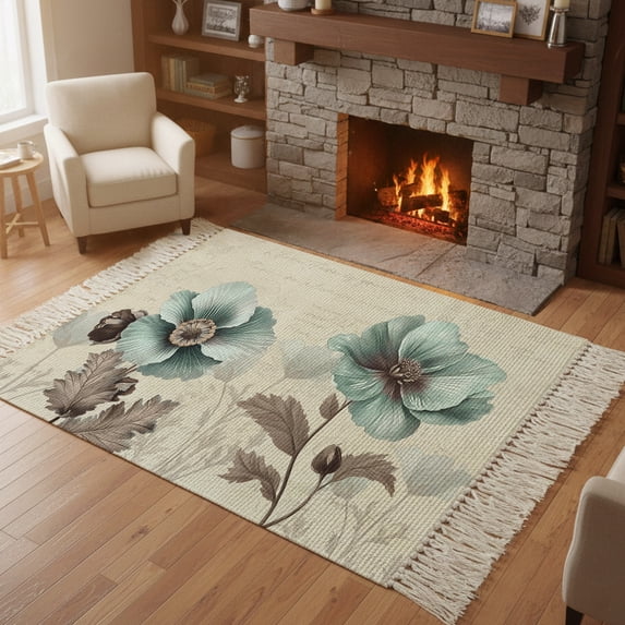 Bedroom Rug Carpet 3'x 5', Blue Green Floral Washable Floor Carpet with ...