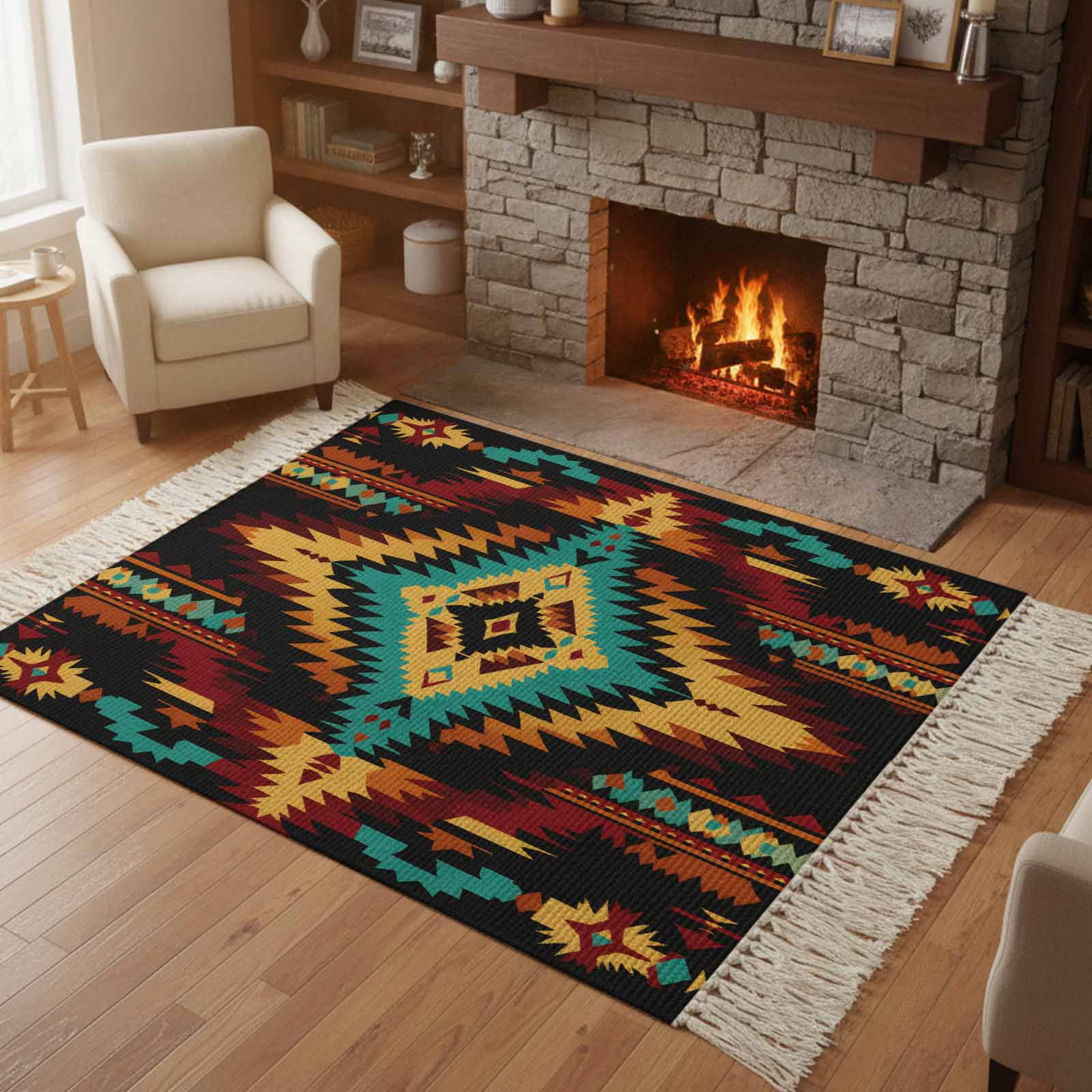 Bedroom Rug Carpet 3'x 5', Boho Orange Teal Washable Floor Carpet with ...