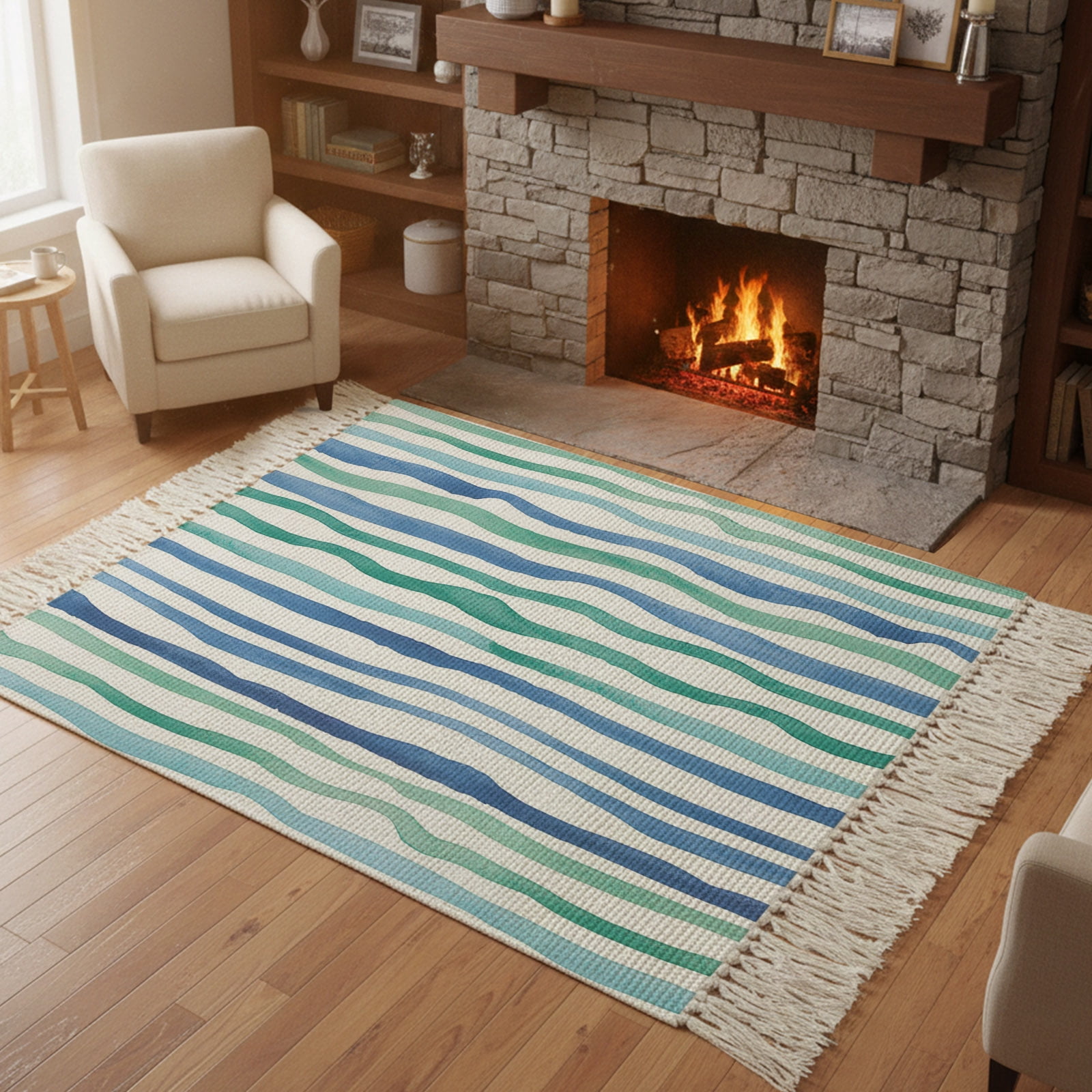Bedroom Rug Carpet 3'x 5', Green Blue Stripes Washable Floor Carpet ...