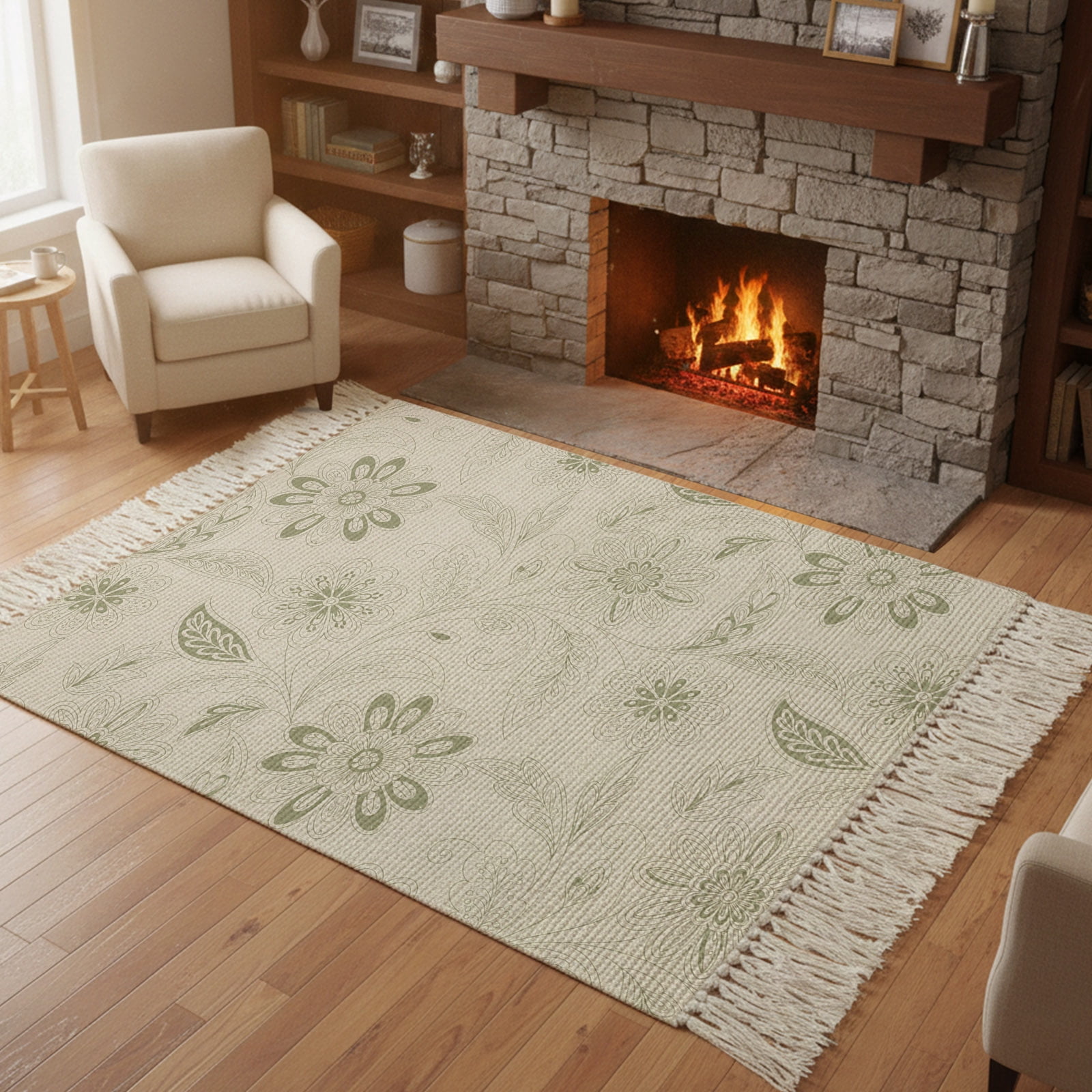 Bedroom Rug Carpet 3'x 5', Green Spring Flowers Washable Floor Carpet ...