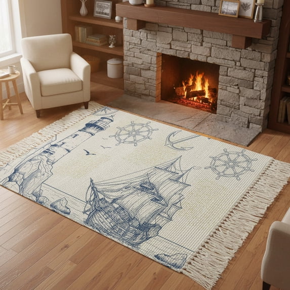 Bedroom Rug Carpet 3'x 5', Nautical Ship Lighthouse Washable Floor ...