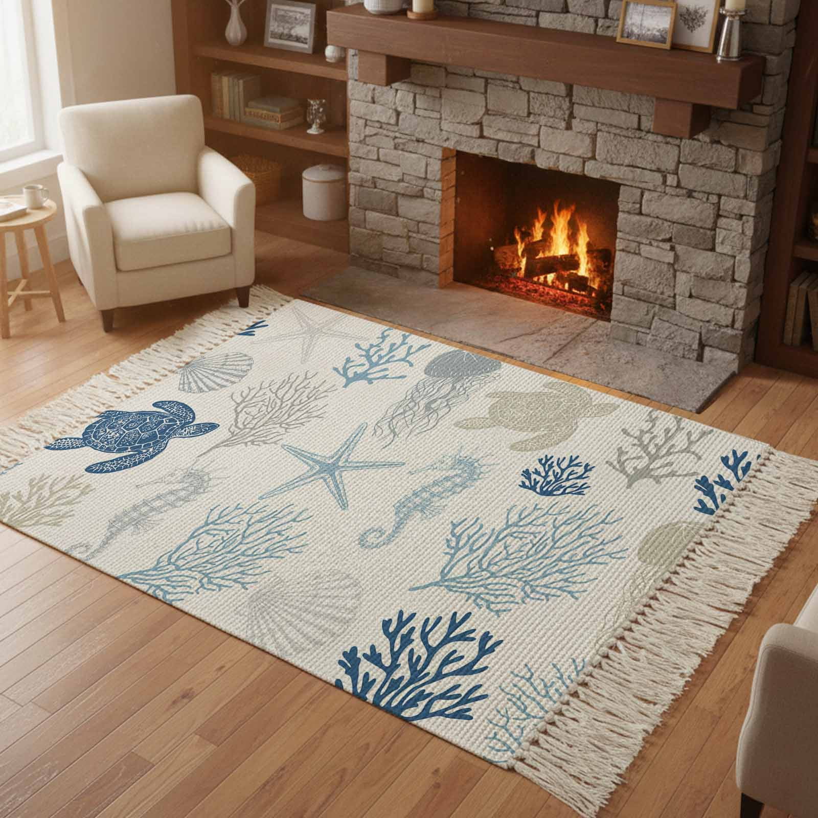 Bedroom Rug Carpet 3'x 5', Navy Blue Coastal Washable Floor Carpet with ...