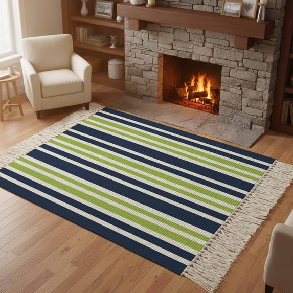 Bedroom Rug Carpet 3'x 5', Navy Blue Green Striped Washable Floor ...