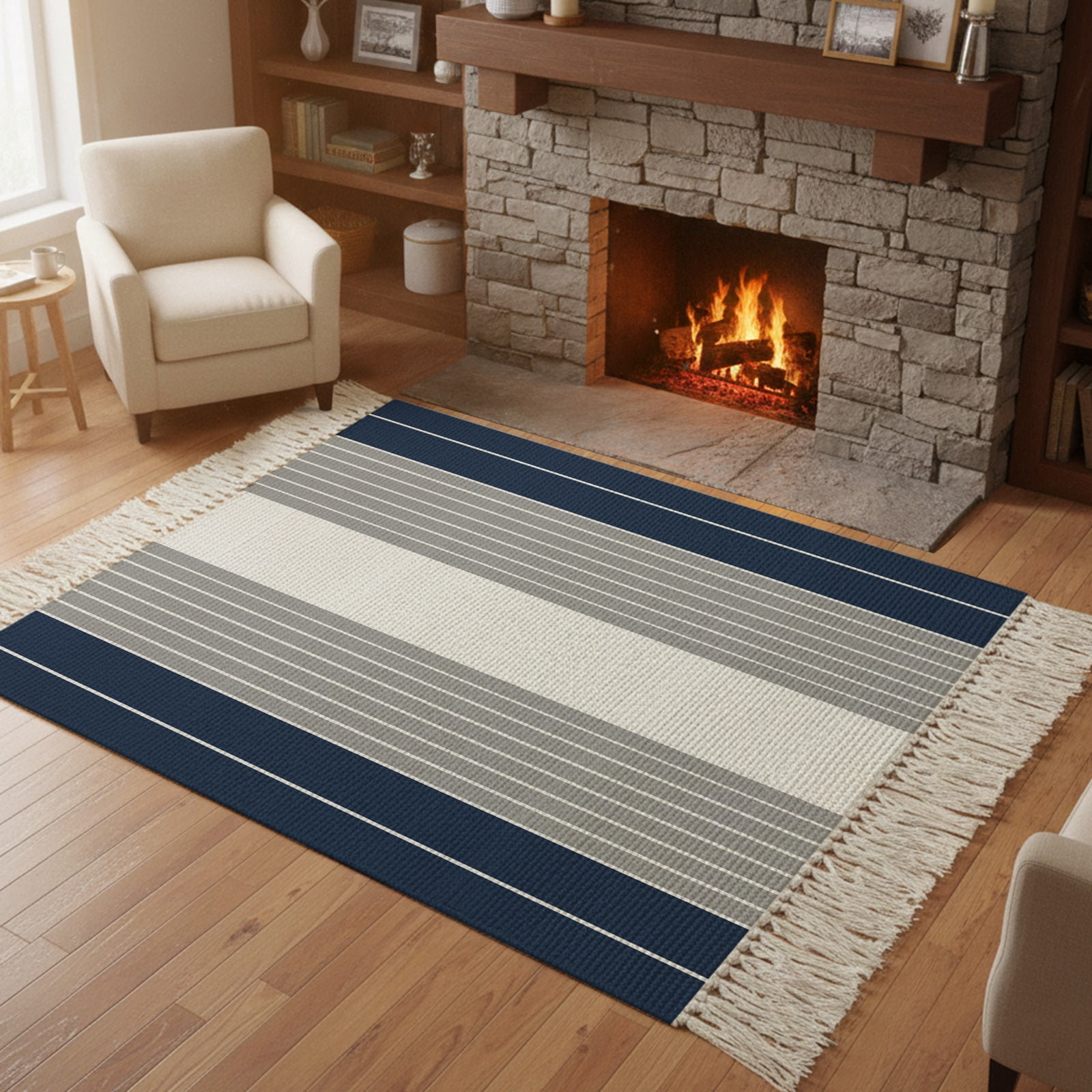 Bedroom Rug Carpet 3'x 5', Navy Blue Grey Stripe Washable Floor Carpet ...