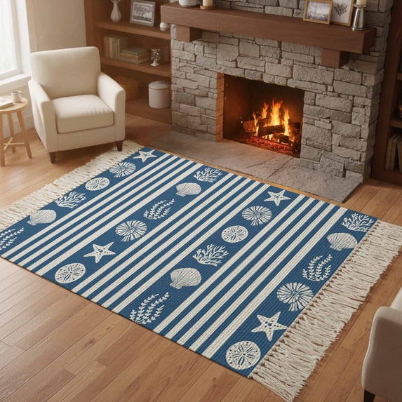 Bedroom Rug Carpet 3'x 5', Navy Blue Striped Coastal Washable Floor ...