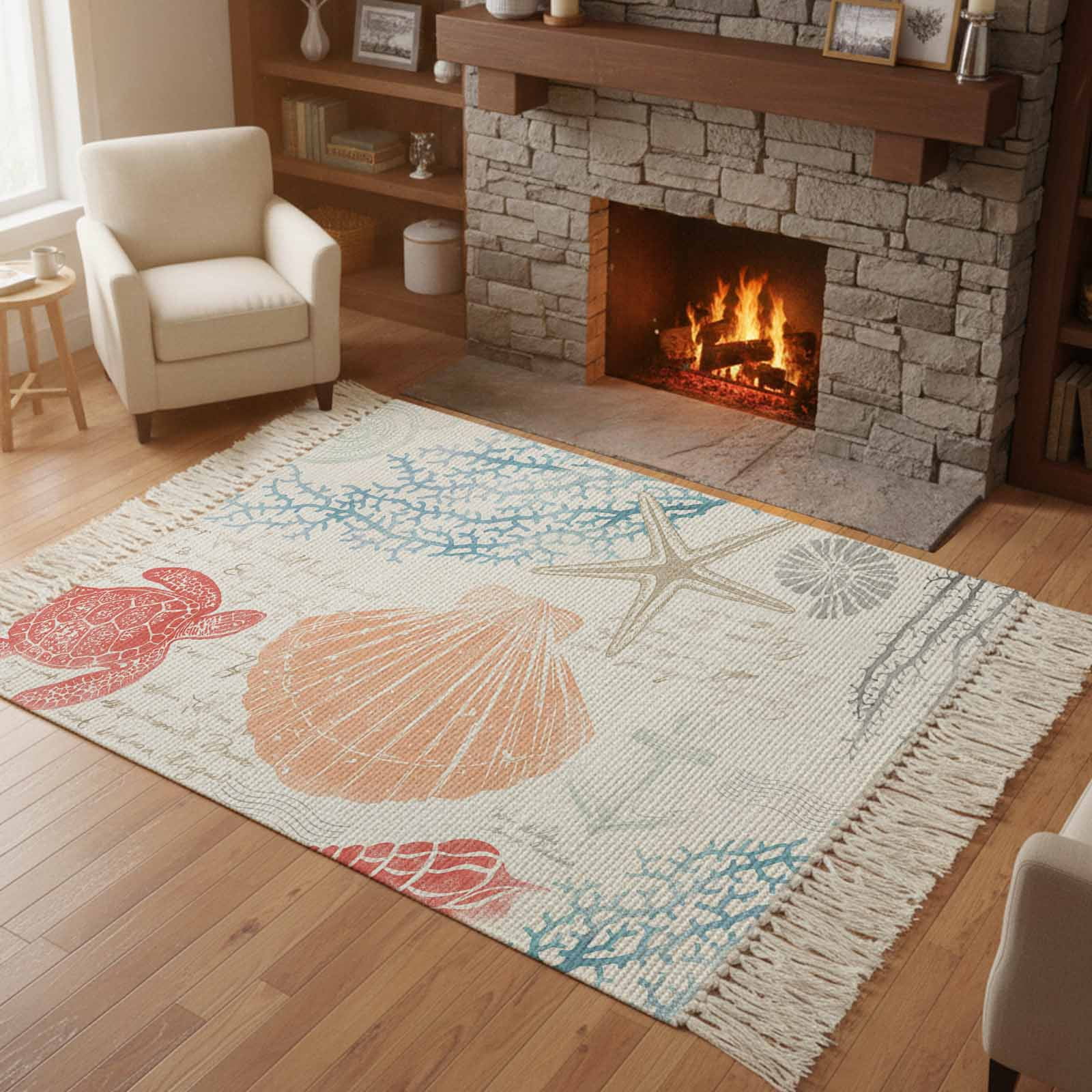Bedroom Rug Carpet 3'x 5', Orange Red Blue Coastal Nautical Washable ...