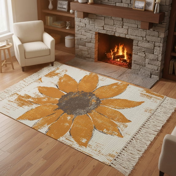 Bedroom Rug Carpet 3'x 5', Orange Sunflower Washable Floor Carpet with ...