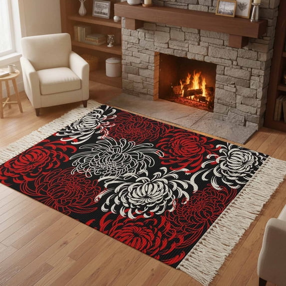 Bedroom Rug Carpet 3'x 5', Red Grey Chrysanthemum Washable Floor Carpet ...
