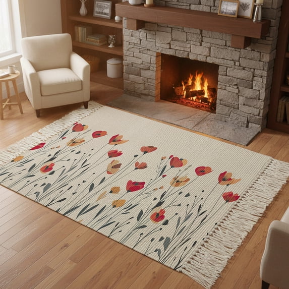 Bedroom Rug Carpet 3'x 5', Red Yellow Spring Floral Washable Floor ...