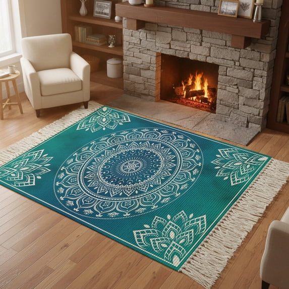 Bedroom Rug Carpet 3'x 5', Teal Blue Boho Washable Floor Carpet with ...