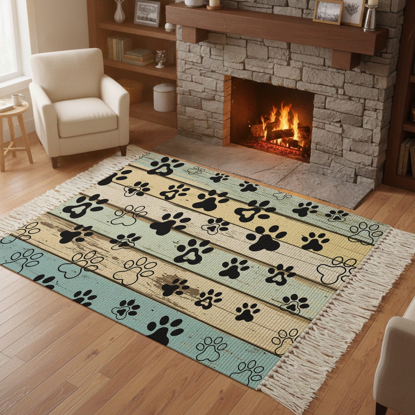 Bedroom Rug Carpet 3'x 5', Teal Brown Paw Prints Washable Floor Carpet ...