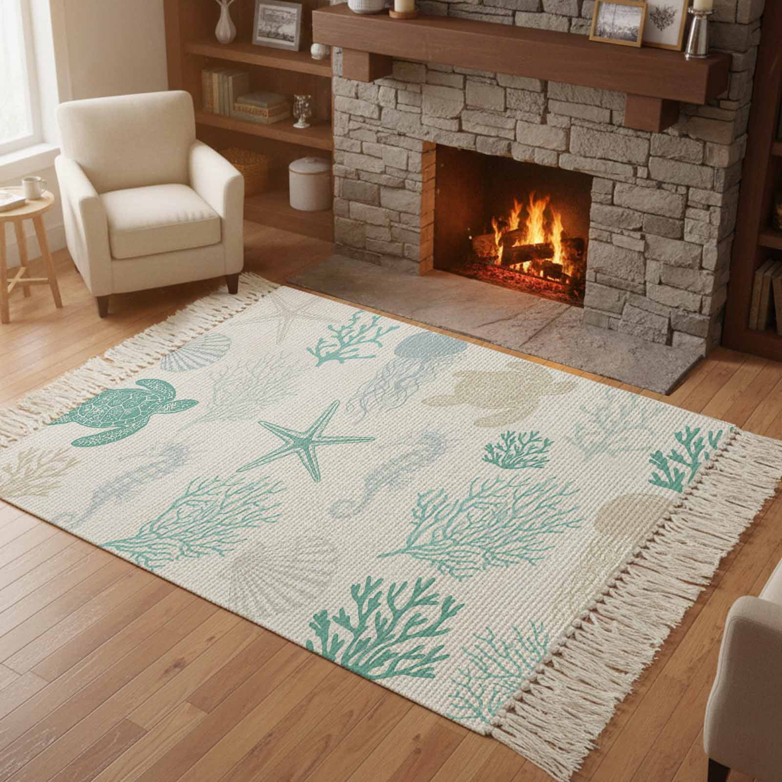 Bedroom Rug Carpet 3'x 5', Teal Coastal Washable Floor Carpet with ...