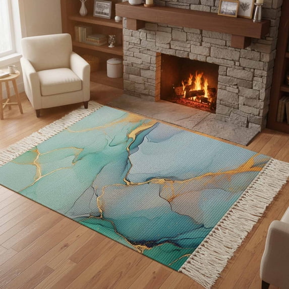 Bedroom Rug Carpet 3'x 5', Teal Marble Washable Floor Carpet with ...