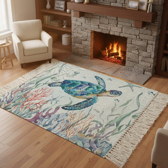 Bedroom Rug Carpet 3'x 5', Teal Sea Turtle Coastal Washable Floor ...