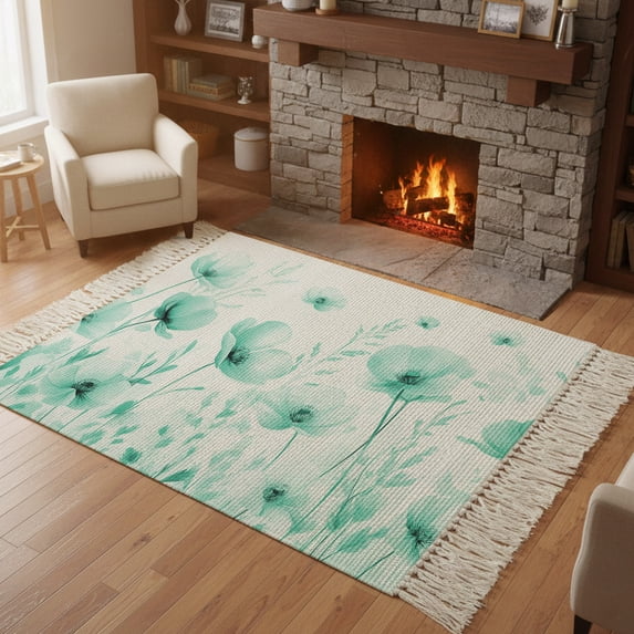 Bedroom Rug Carpet 3'x 5', Teal Spring Floral Washable Floor Carpet ...