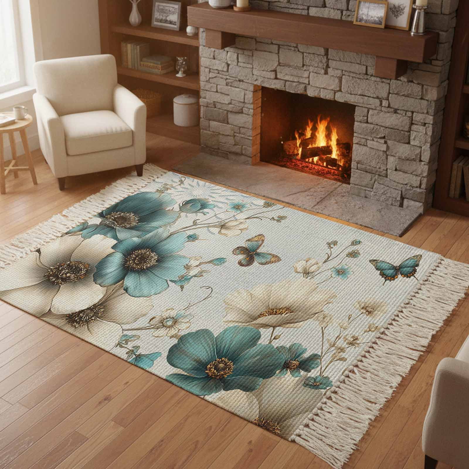 Bedroom Rug Carpet 3'x 5', Teal Tulip Butterfly Washable Floor Carpet ...
