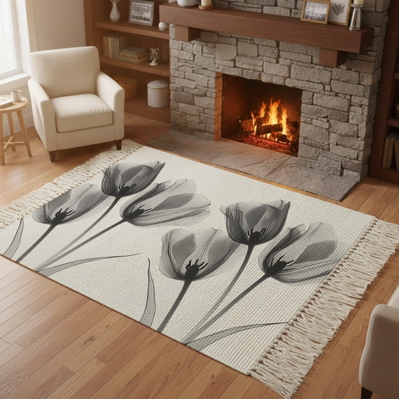 Bedroom Rug Carpet 3'x 5', Tulip Black White Washable Floor Carpet with ...