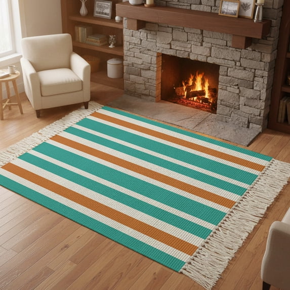 Bedroom Rug Carpet 3'x 5', Turquoise Orange Striped Washable Floor ...