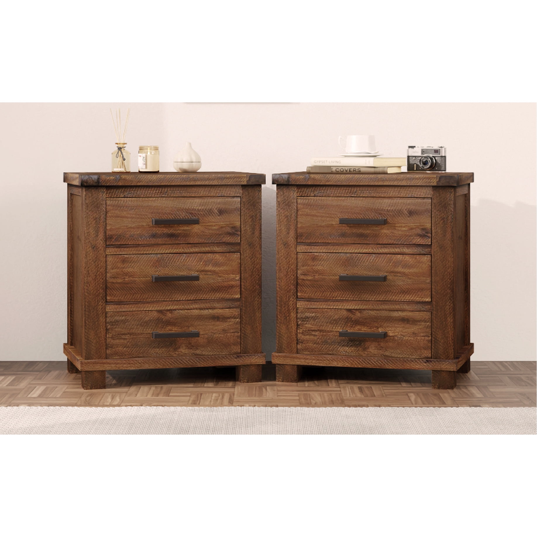 Bedroom Rustic Nightstand With 3 Drawer Compartments, Solid Pine Wood ...