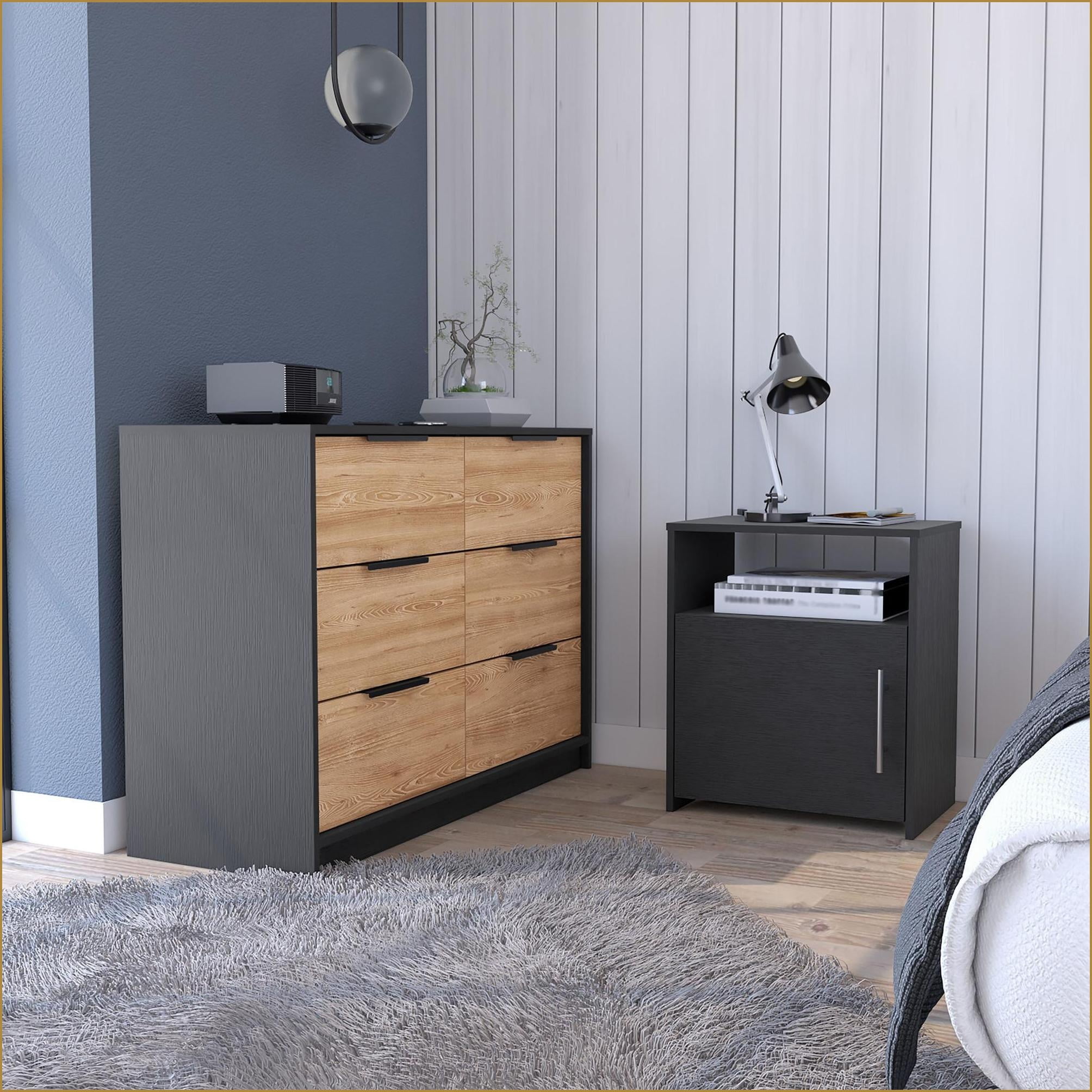 Bedroom Set, 2-Piece 4-Drawer Dresser + Nightstand, Black / Walnut ...
