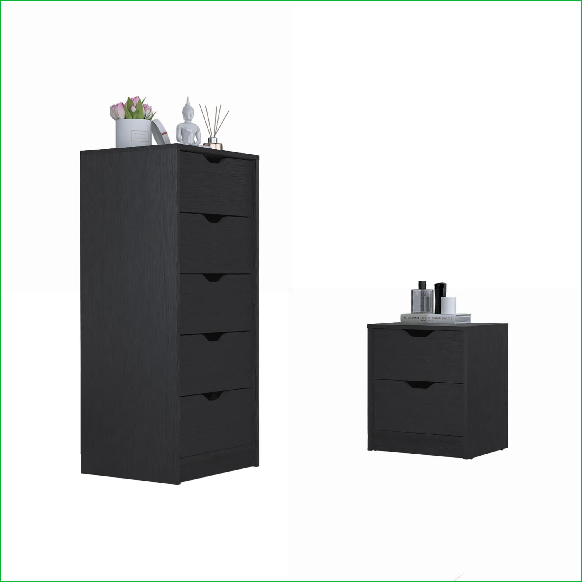 Bedroom Set, 2-Piece Nightstand + Gentleman's Chest with Storage, Black ...
