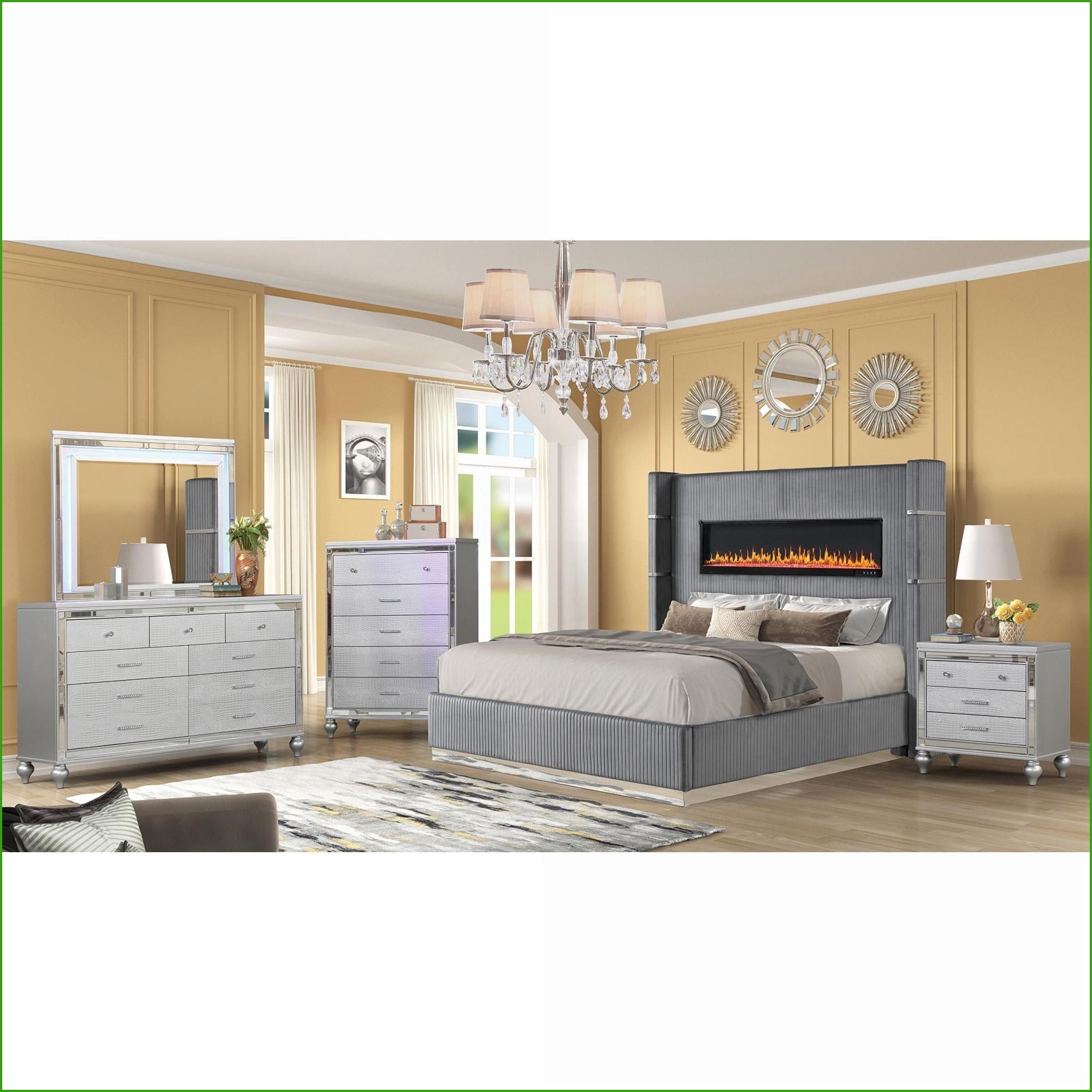 Bedroom Set, King 5PC Modern Slate Gray Velvet with Fireplace Display ...