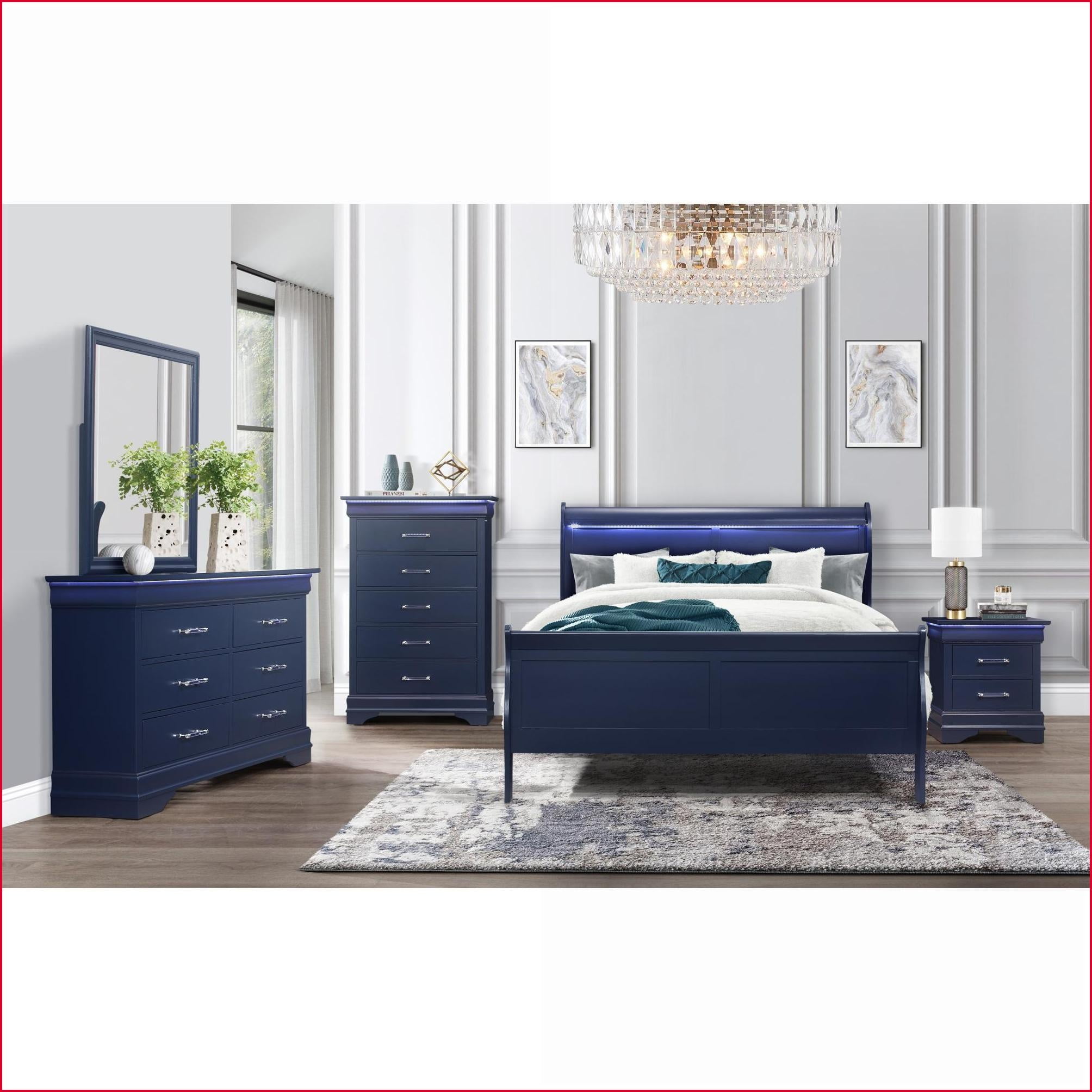 Bedroom Set, King Navy Blue Sleigh with LED Headboard | Solid Wood+MDF ...
