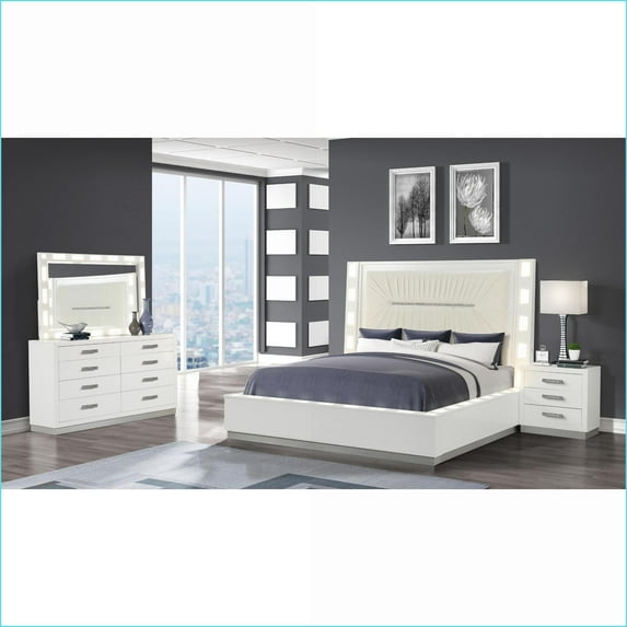 Bedroom Set Queen 5-Piece Modern with LED Headboard & Storage, Ivory ...