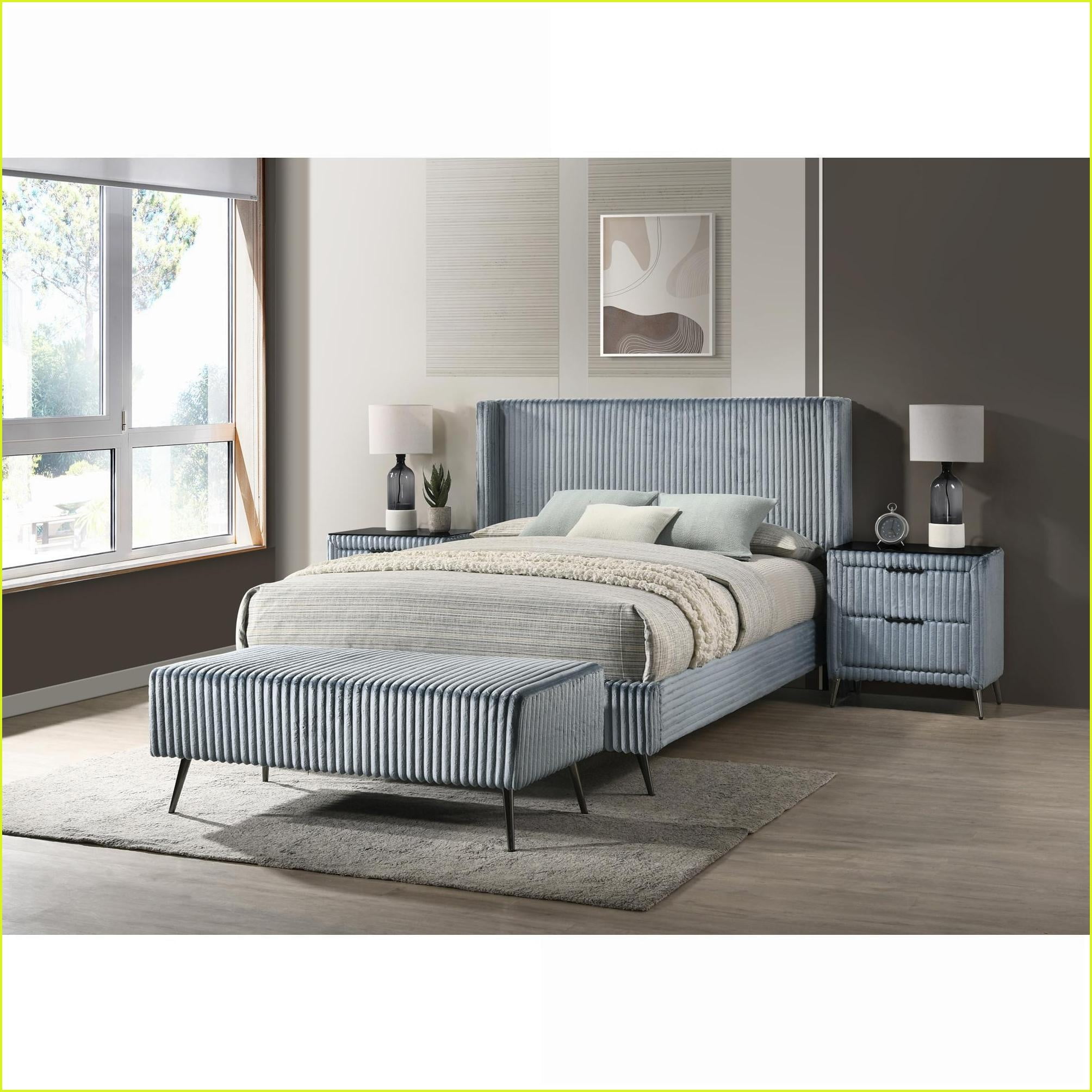 Bedroom Set, Queen Wingback Bed with 2 Nightstands & Bench, Royal Blue ...