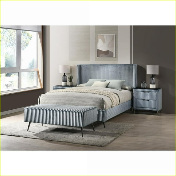 Bedroom Set, Queen Wingback Bed with 2 Nightstands & Bench, Royal Blue ...
