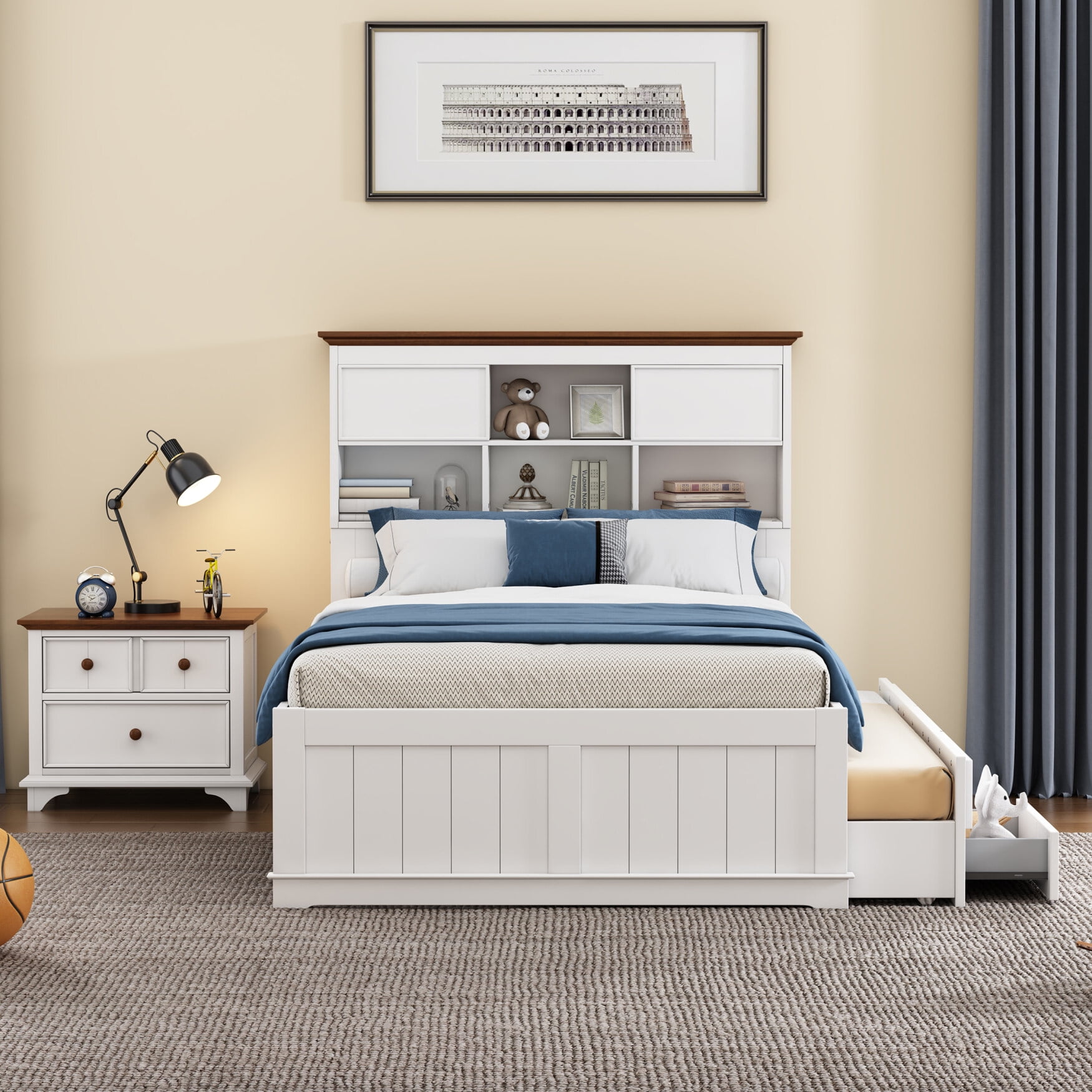 Bedroom Set of 2, Full Size Bed Frame & Night Stand, Captains Bed with ...