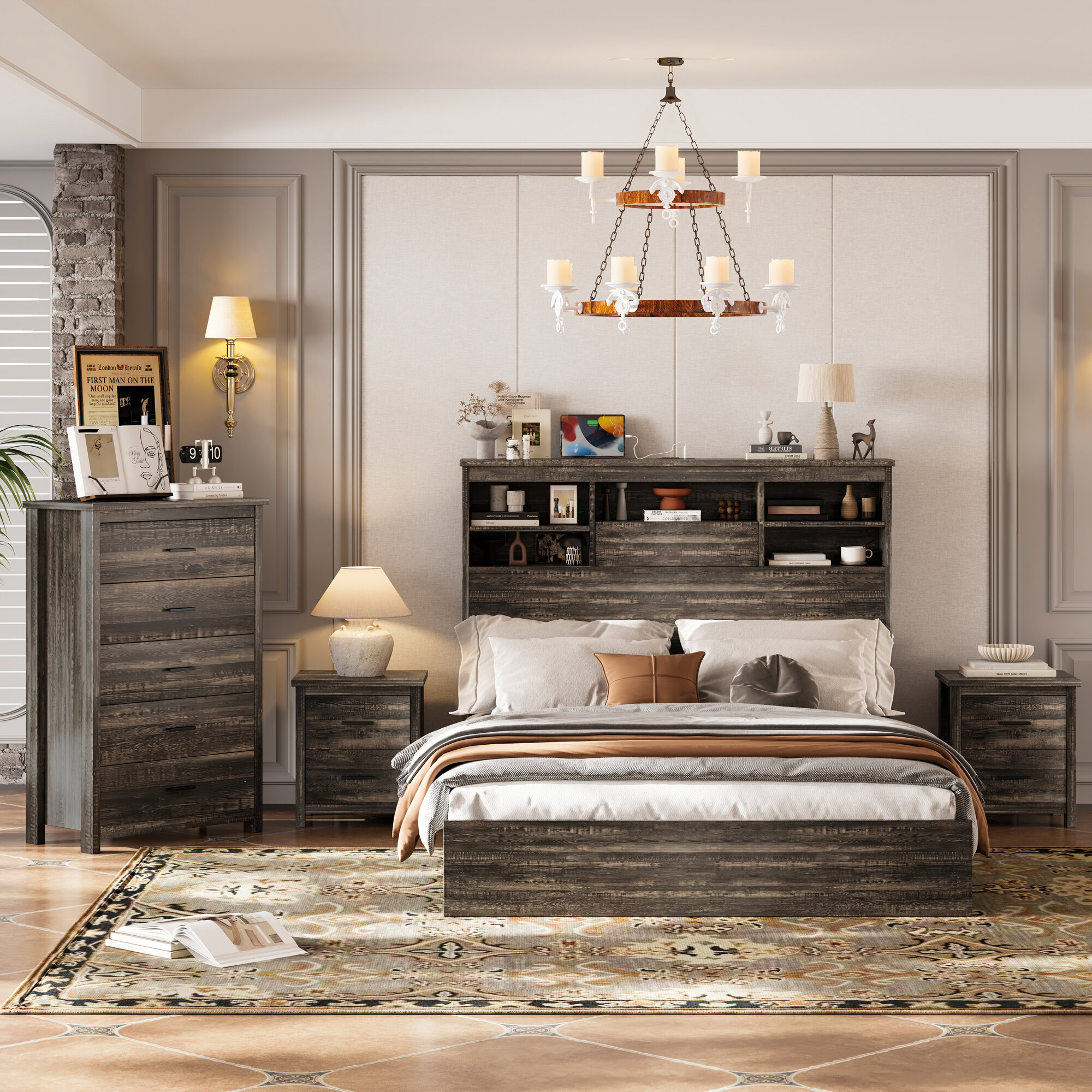 Bedroom Sets 4PCS Bedroom Sets, Wooden Queen Size Bed Frame with ...