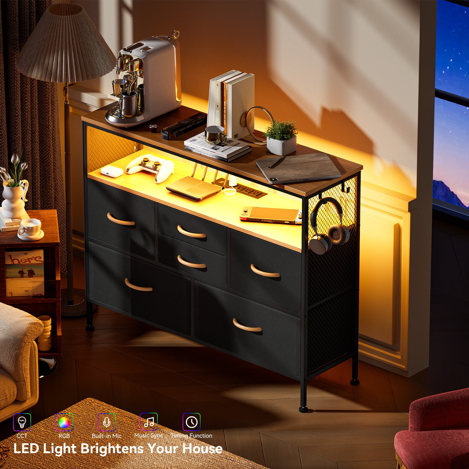 Bedroom TV Stand Dresser with LED Light & Power Outlets, Fabric Chest ...
