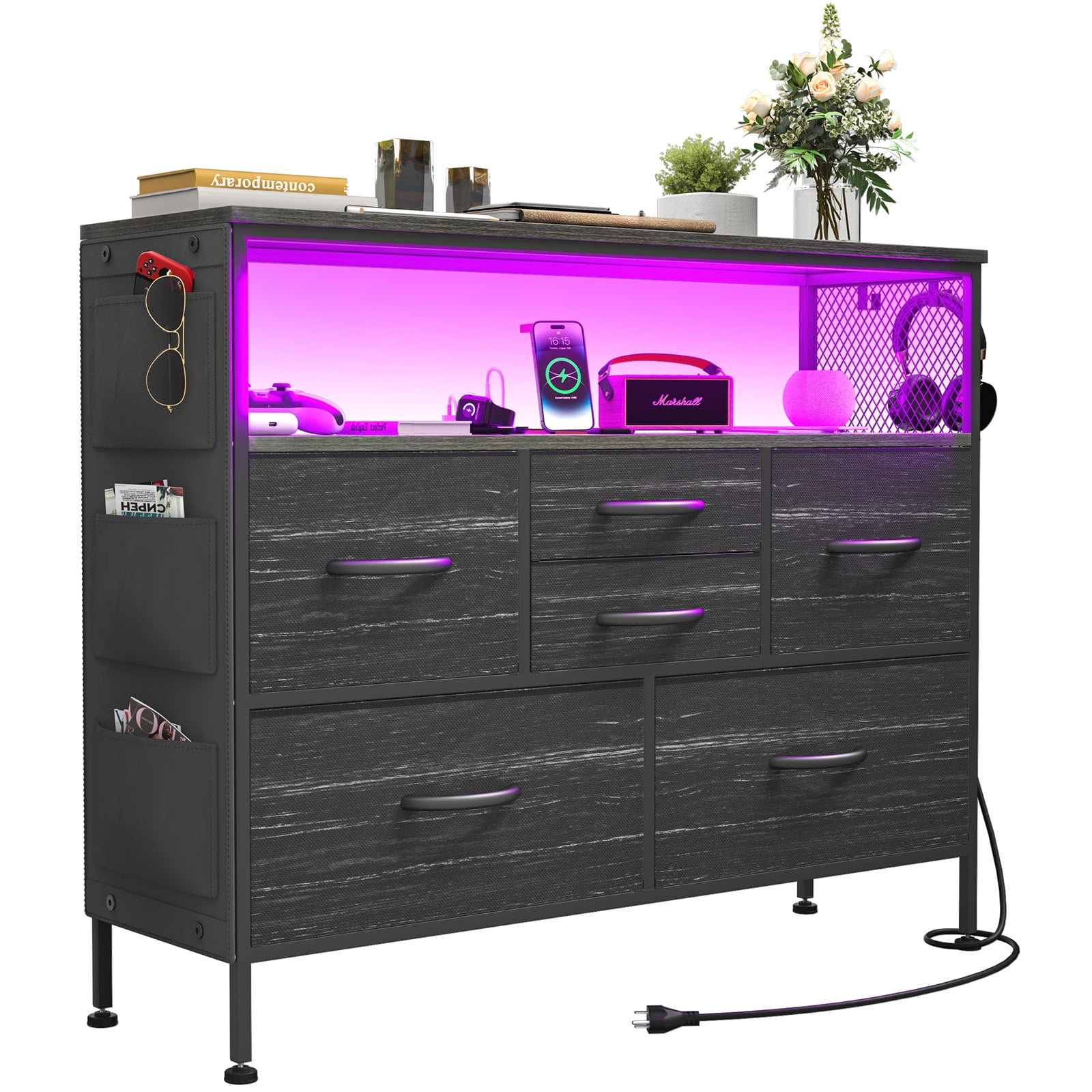 Bedroom TV Stand Dresser with LED Light & Power Outlets, Fabric Chest ...