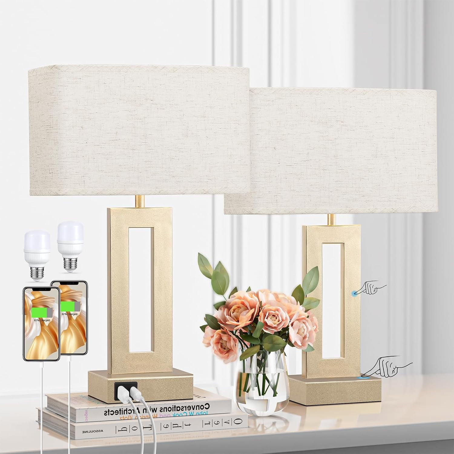 Bedroom Table Lamps Set of 2 - Beige Gold Touch Bedside Lamps with USB ...