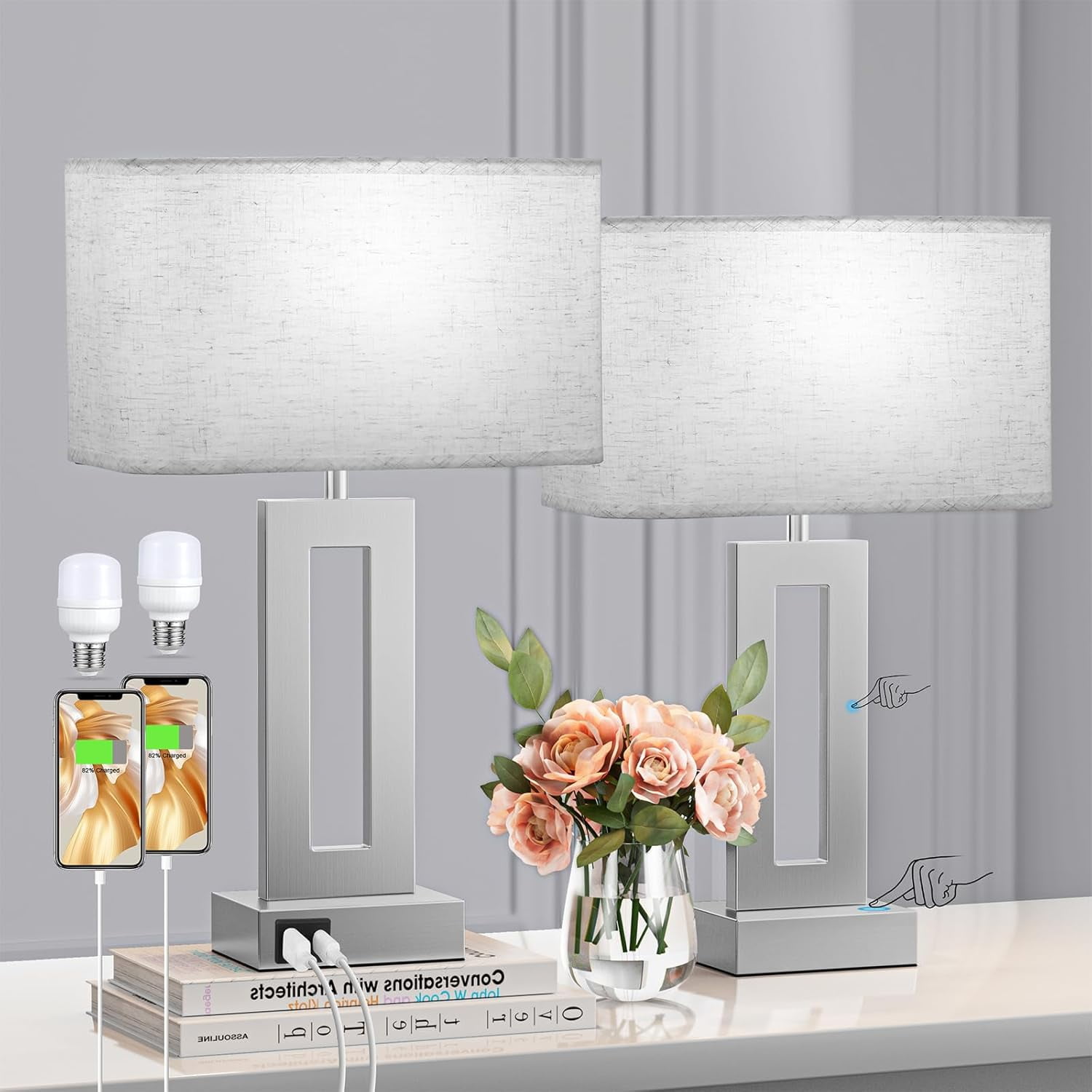 Bedroom Table Lamps Set of 2 - Beige Silver Touch Bedside Lamps with ...