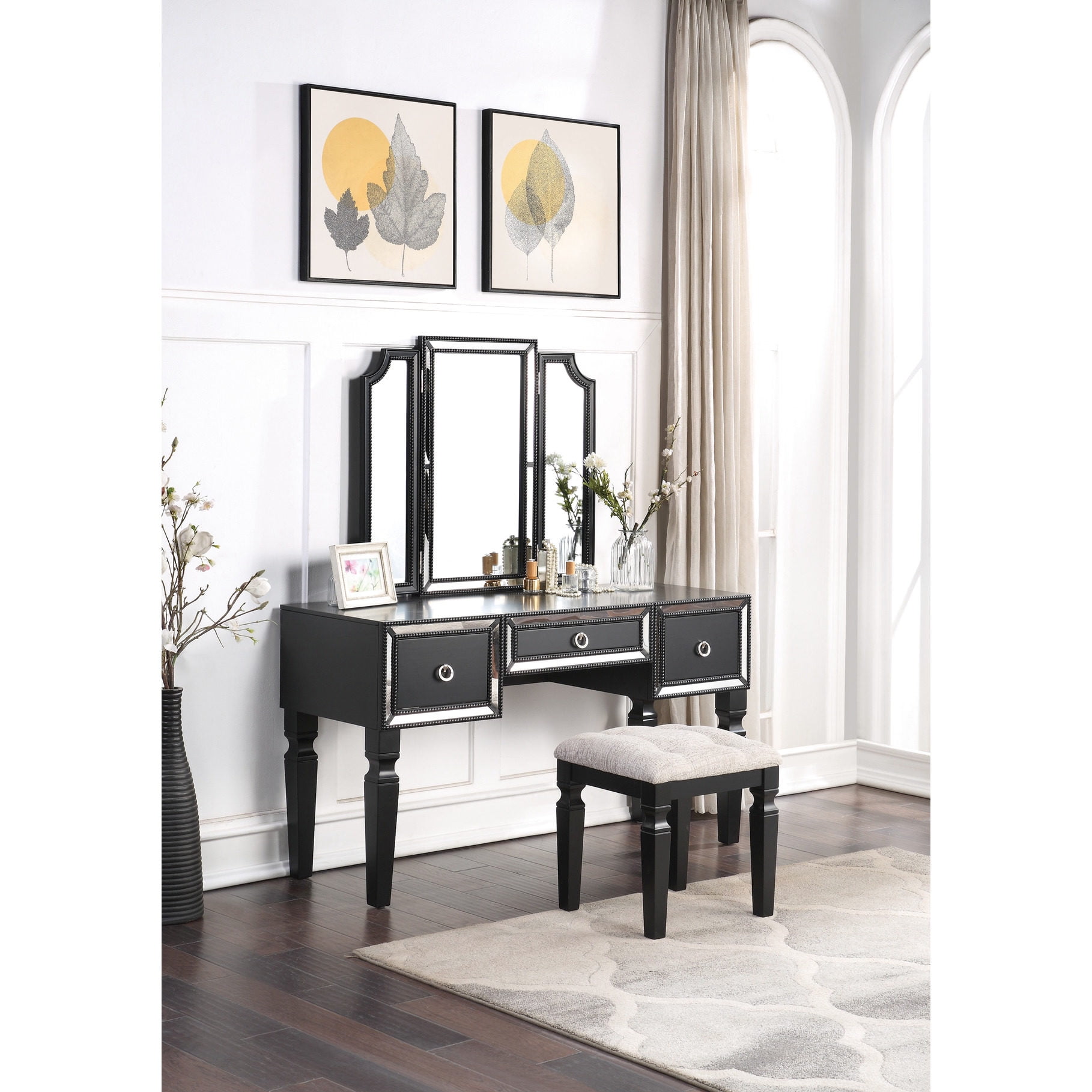 Bedroom Vanity Set with Stool | Tri-Fold Mirror for Multi-Angle Hair ...