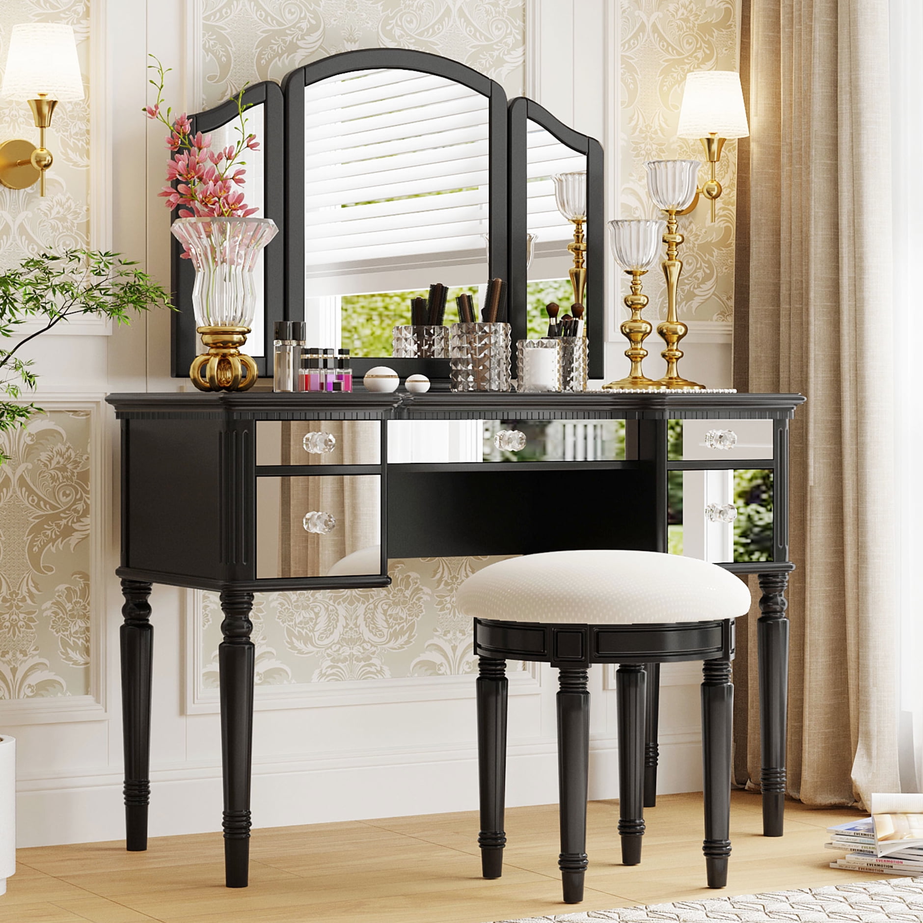 Bedroom Vanity Table In Black - Mirrored Drawers, Rotatable Mirrors ...