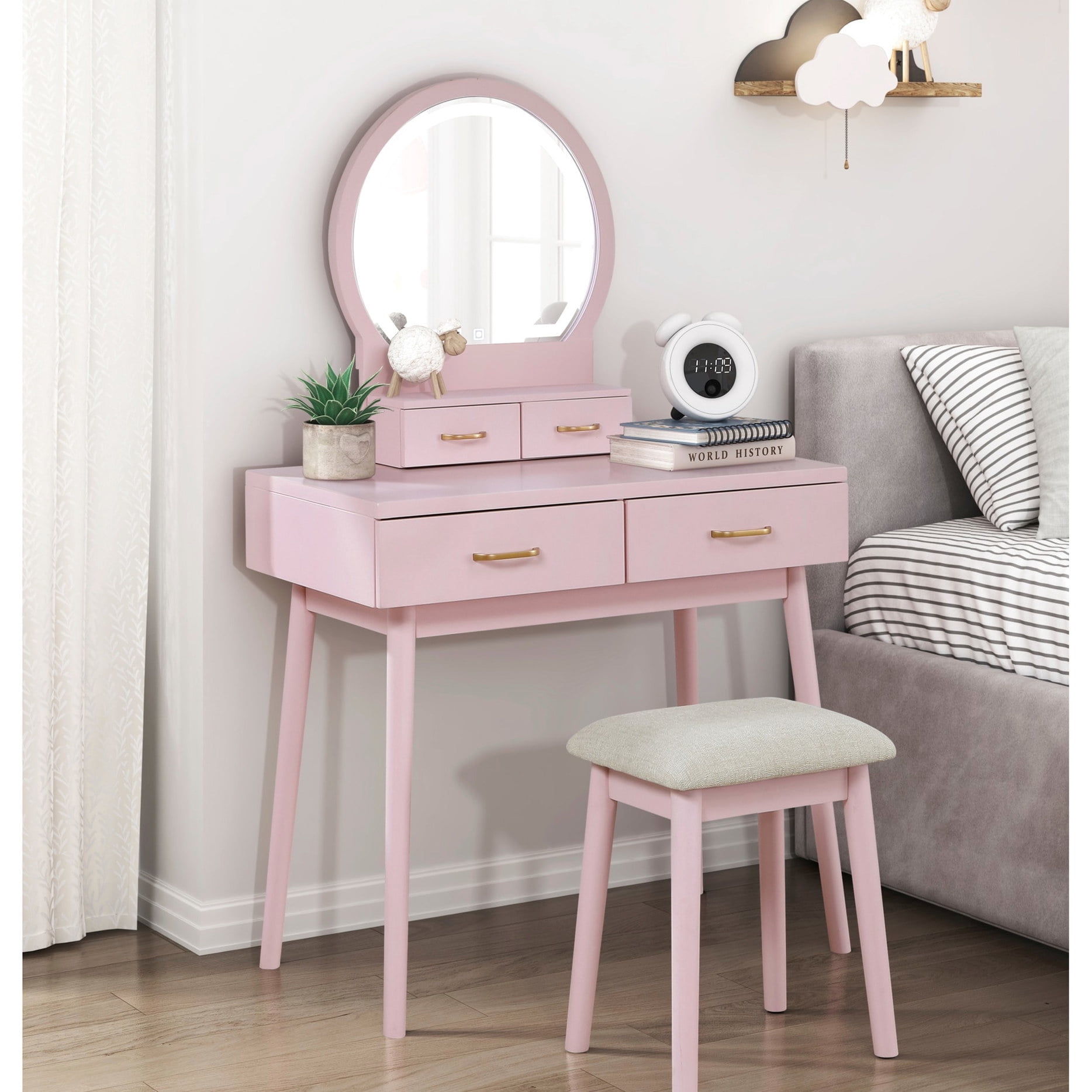 Bedroom pink vanity dresser with mirror LED light 4 storage drawers and ...