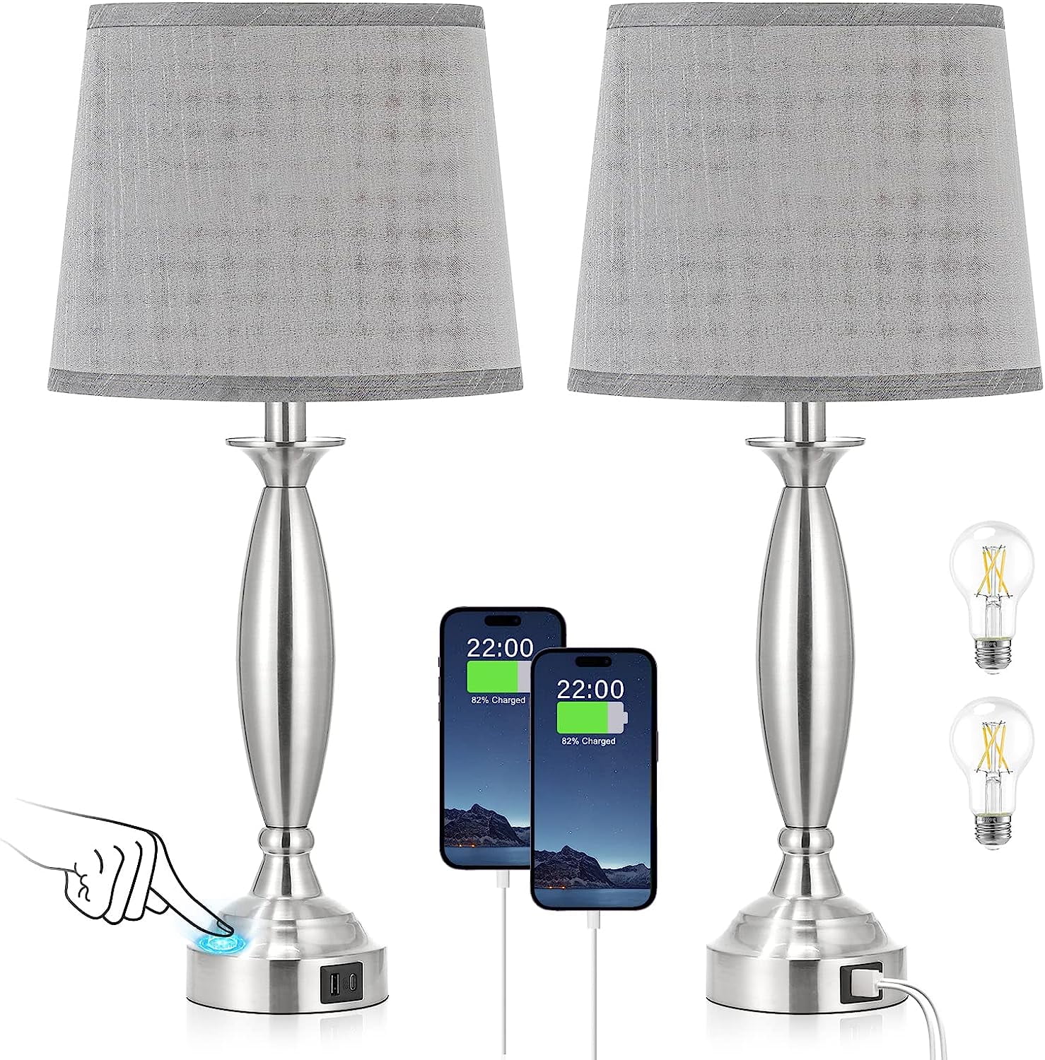 Bedrooms Touch Control Bedside Lamp with USB C+A, 3 Way Dimmable ...